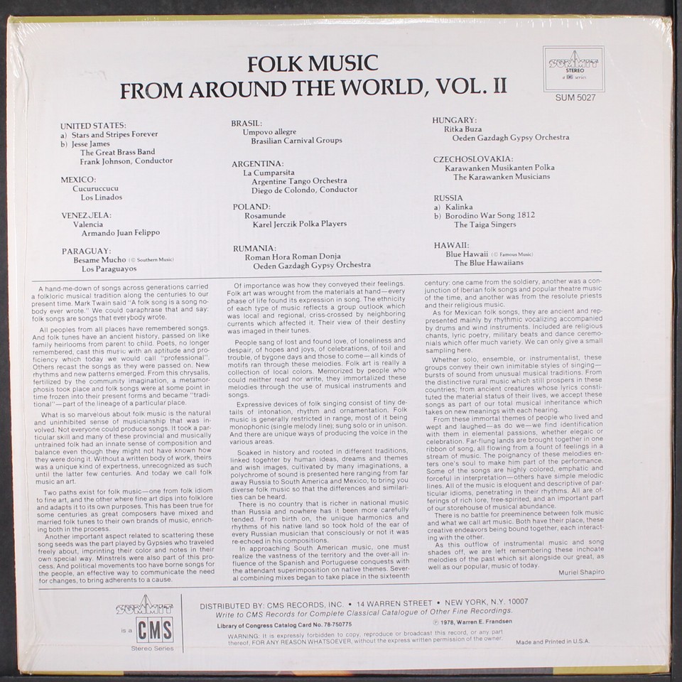 VARIOUS: folk music from around the world vol. 2 SUMMIT 12" LP 33 RPM ...