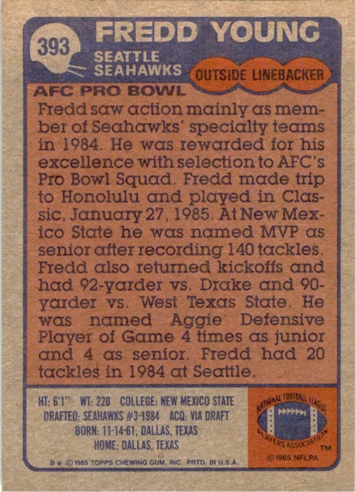 1985 TOPPS FREDD YOUNG SEATTLE SEAHAWKS. #393 | eBay