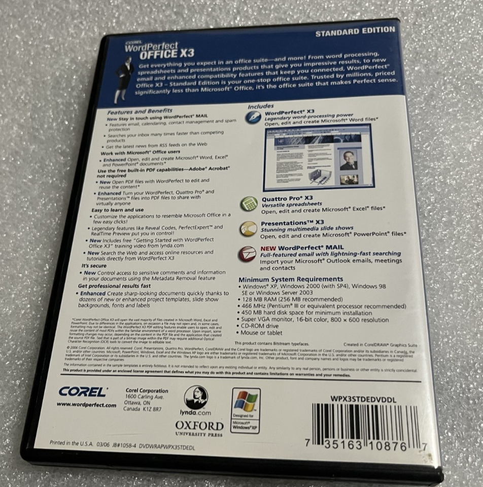 Corel Word Perfect Office X3 Standard Edition 3 Disc Set Windows XP PC ...