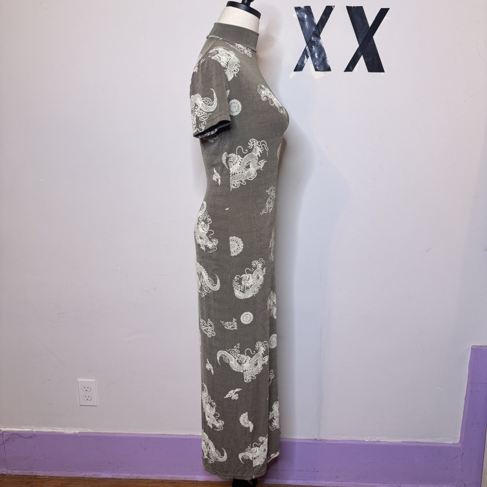 Vintage 90s Slinky Dragon Print Bodycon Maxi Dress Taupe Side Slit L | eBay