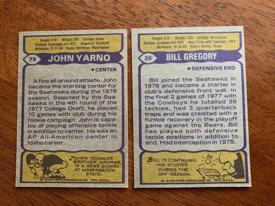 1979 Topps Seattle Seahawks Rookies- John Yarno #78 & Bill Gregory #39 ...