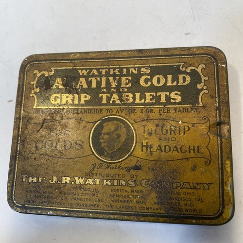 Vintage Watkins Laxative Cold Grip Tablets Tin W/Proprietary Tax Stamps ...