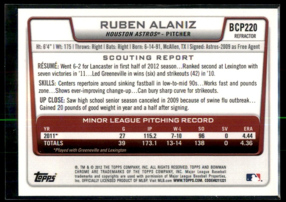 2012 Bowman Chrome Blue Wave Refractors Ruben Alaniz #BCP220 Houston ...