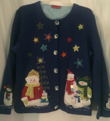 Onque Casuals blue snowman Christmas button front cardigan sweater size ...