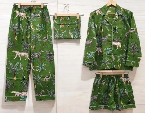 Green Jungle Print Pajama Set, 100 % Cotton PJ Set, Lounge Women Night ...