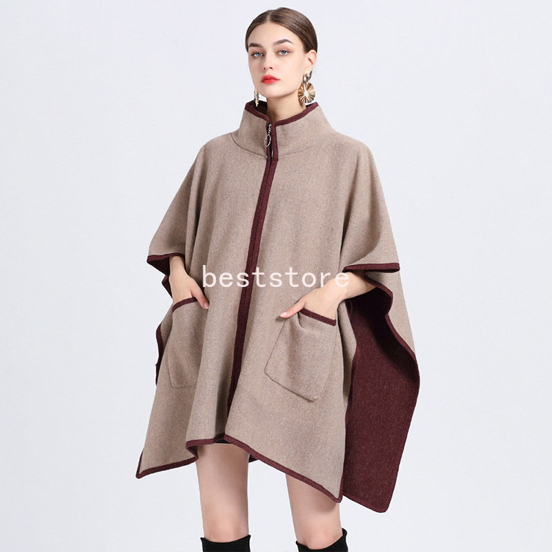 Zipper Women's Cape Oversized Cloak Faux Woolen Stand Collar Coat ...