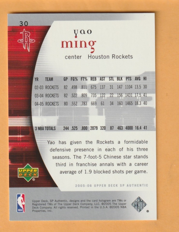 Yao Ming Houston Rockets 2005-06 SP Authentic #30 HOF | eBay