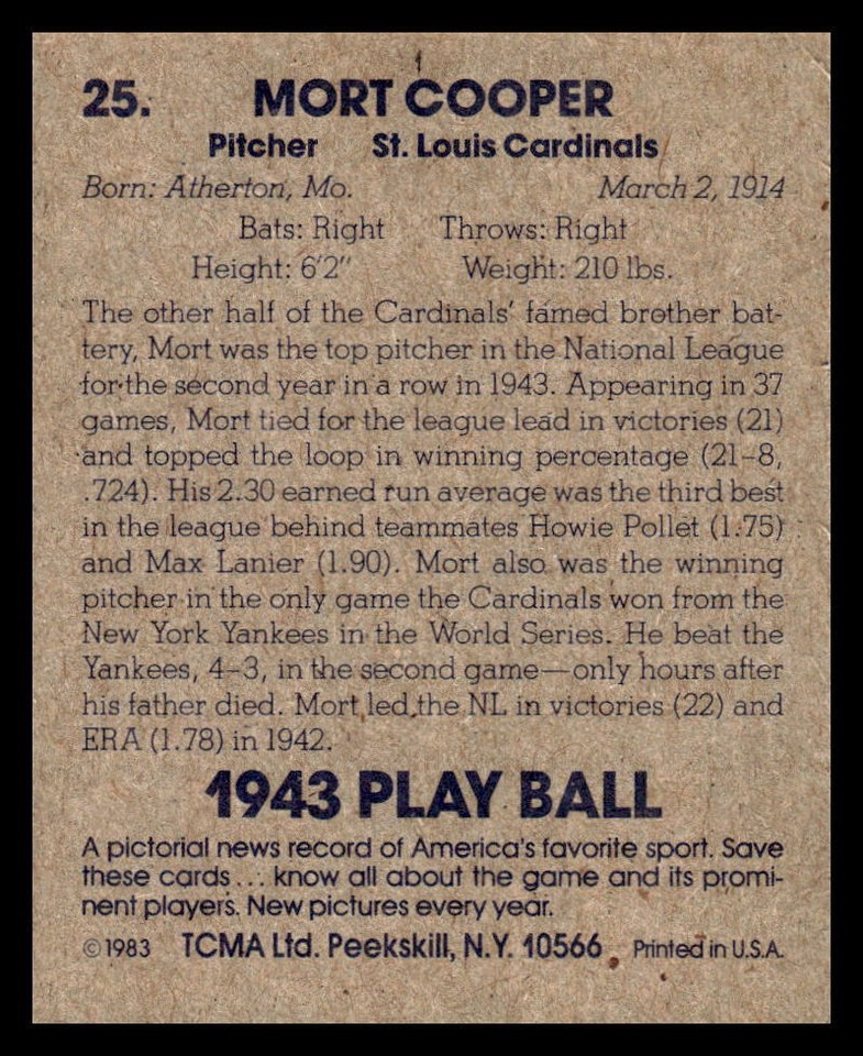 Mort Cooper 1983 TCMA 1943 Play Ball #25 St. Louis Cardinals Baseball ...