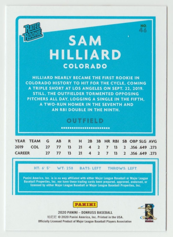 2020 Donruss #46 Sam Hilliard RC Baseball Card Colorado Rockies | eBay