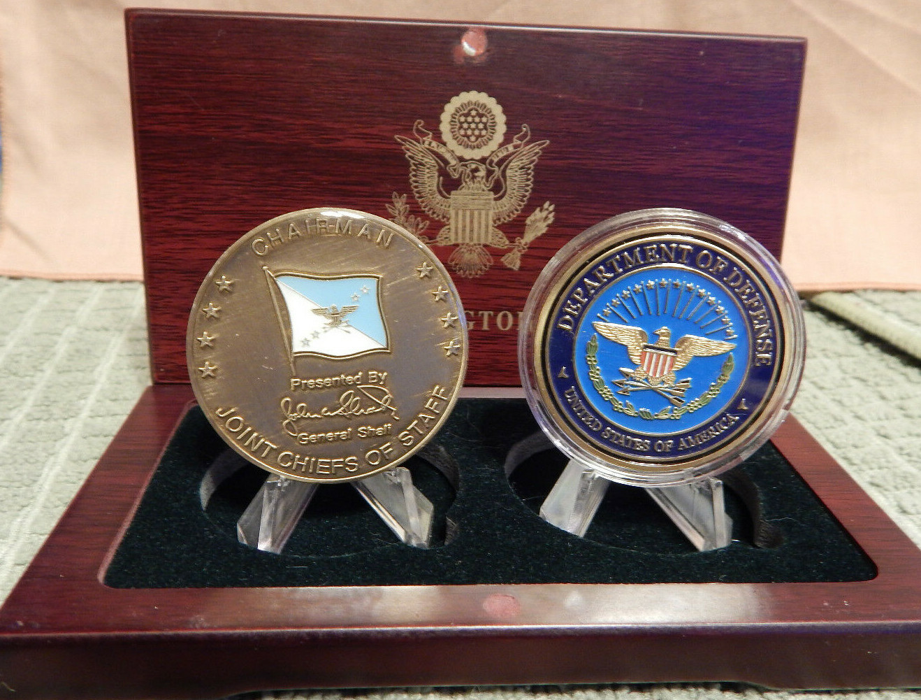 GENERAL JOHN SHALI & DEPT. OF DEFENSE 2 SET OF CHALLENGE COIN'S IN A ...
