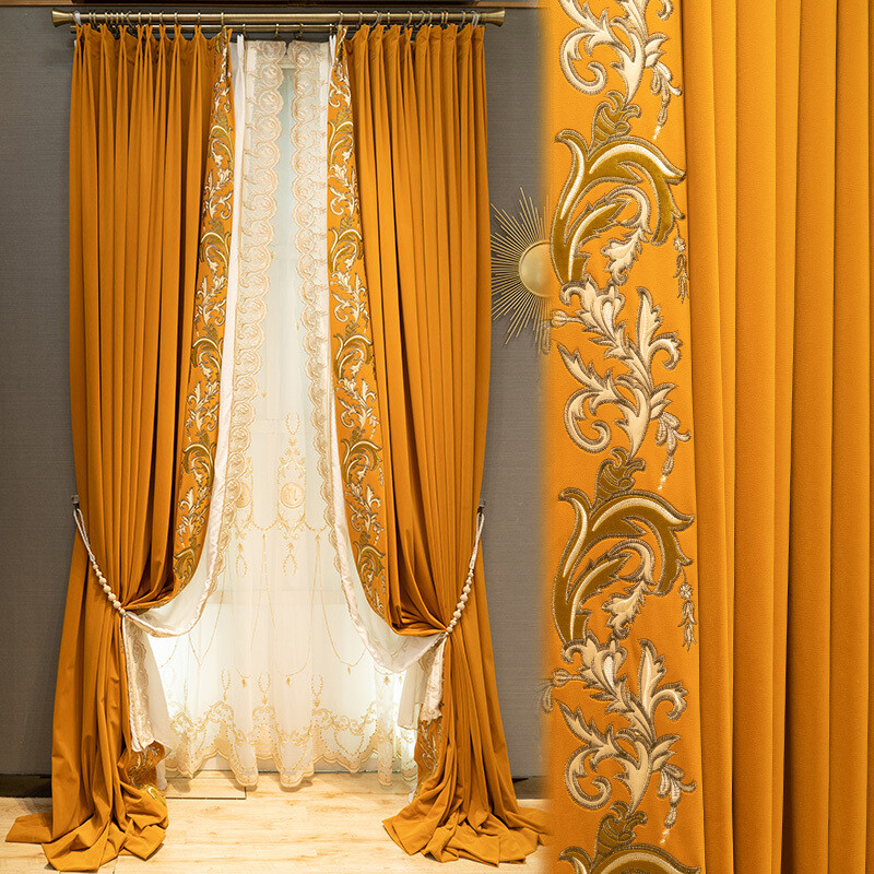 French orange stitching velvet embroidered high-end cloth curtain drape ...