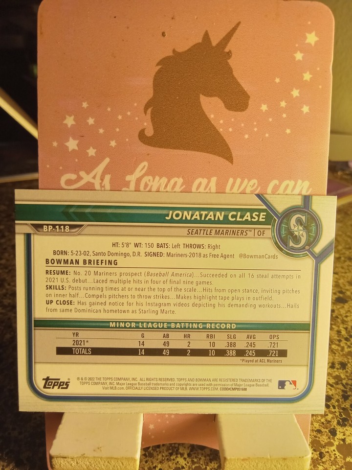 Jonathan Clase 2022 Bowman Paper 1st Bowman No. BP-118 Seattle Mariners ...