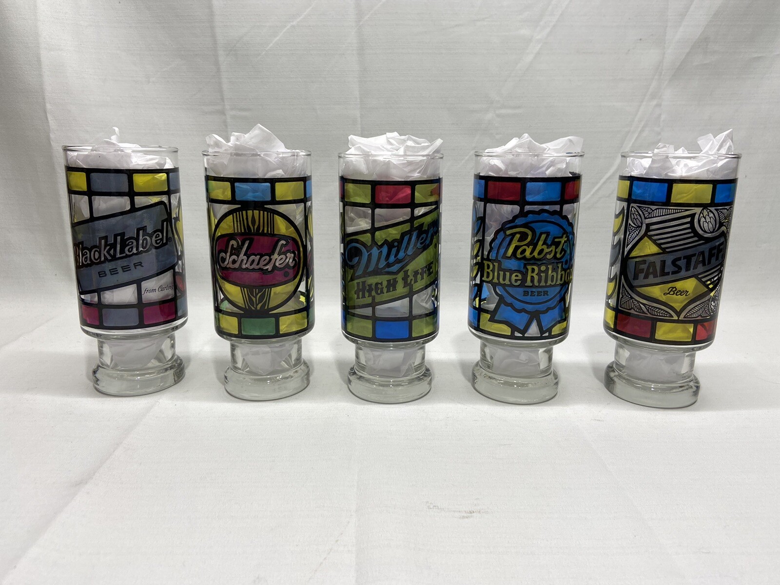 VINTAGE Stained Glass Beer Glasses- 5 Pabst Miller Schaefer Falstaff ...
