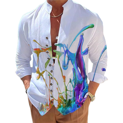 Mens Holiday Seaside Leisure Button Stand Collar Shirt Vacation Long ...
