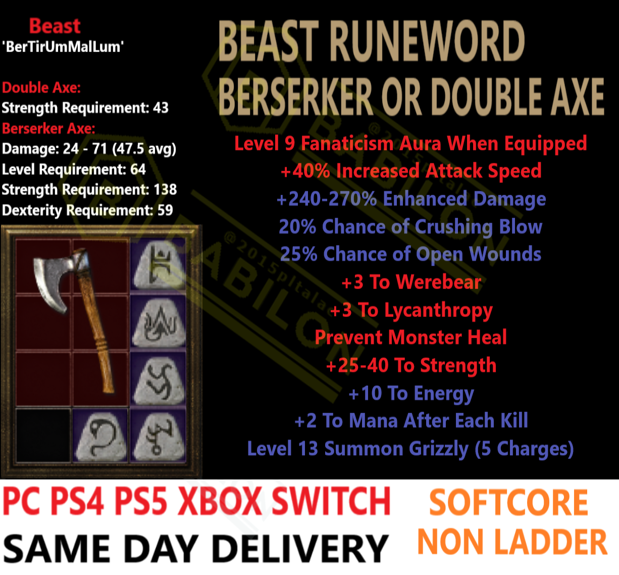 PC PS4 PS5 XBOX SWITCH Non-Ladder Beast Runeword Diablo 2 Resurrected ...