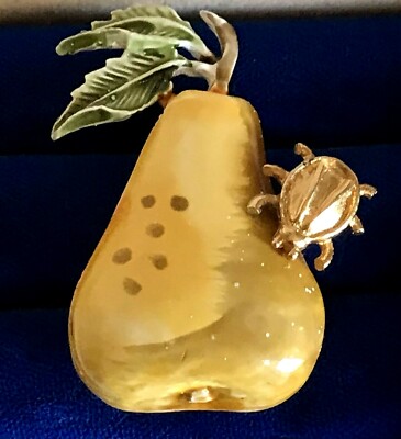 RARE ~ LJM signed ENAMEL PEAR Brooch Vintage Figural Jewelry Yellow ...