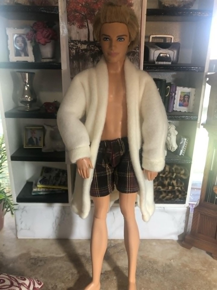 Barbie Clothes Ken Doll Cream Fleece Robe w/ Brown Plaid Pajama Boxers ...