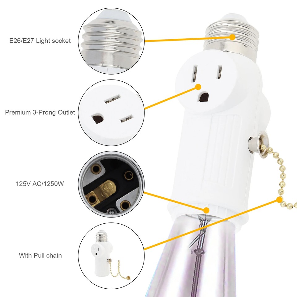 E26/E27 Light Socket to Plug Adapter 2/3 Prong Light Bulb Outlet Plug ...