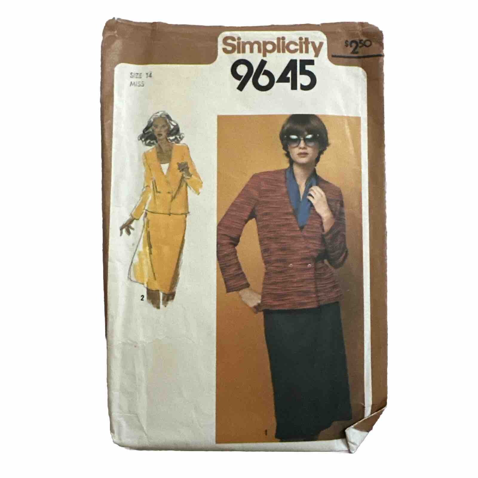 Slim Skirt Blazer Jacket 14 Simplicity 9645 Sewing Pattern VTG 80s Suit ...