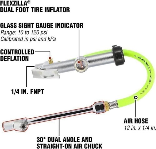Tire Inflator Flexzilla AL2051FZ Dual Foot,12" Hose Glass Sight Gauge ...