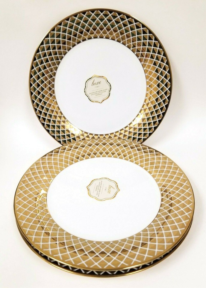 LUXE SET OF 4 PORCELAIN METALLIC GOLD DIAMOND PATTERN DINNER,SALAD ...