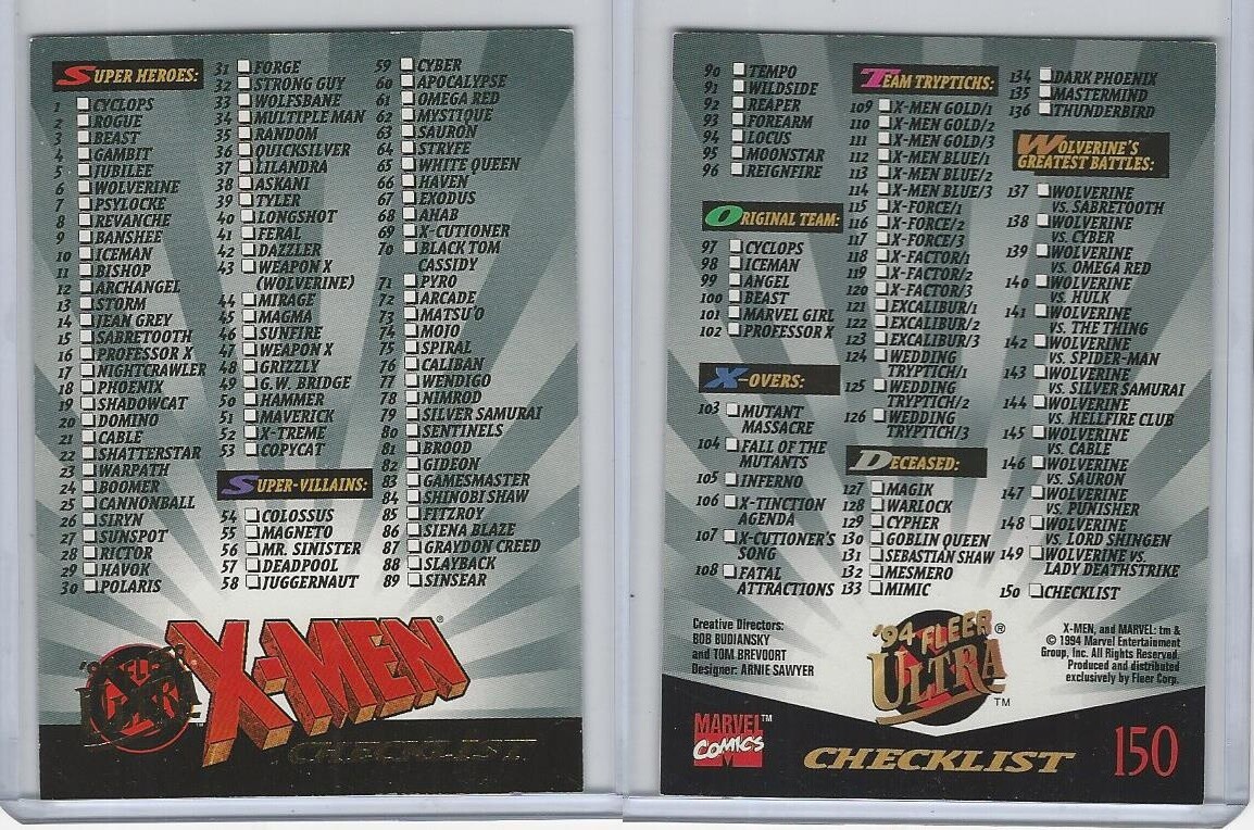 Marvel Cards Universe 1994 Checklist Clipart