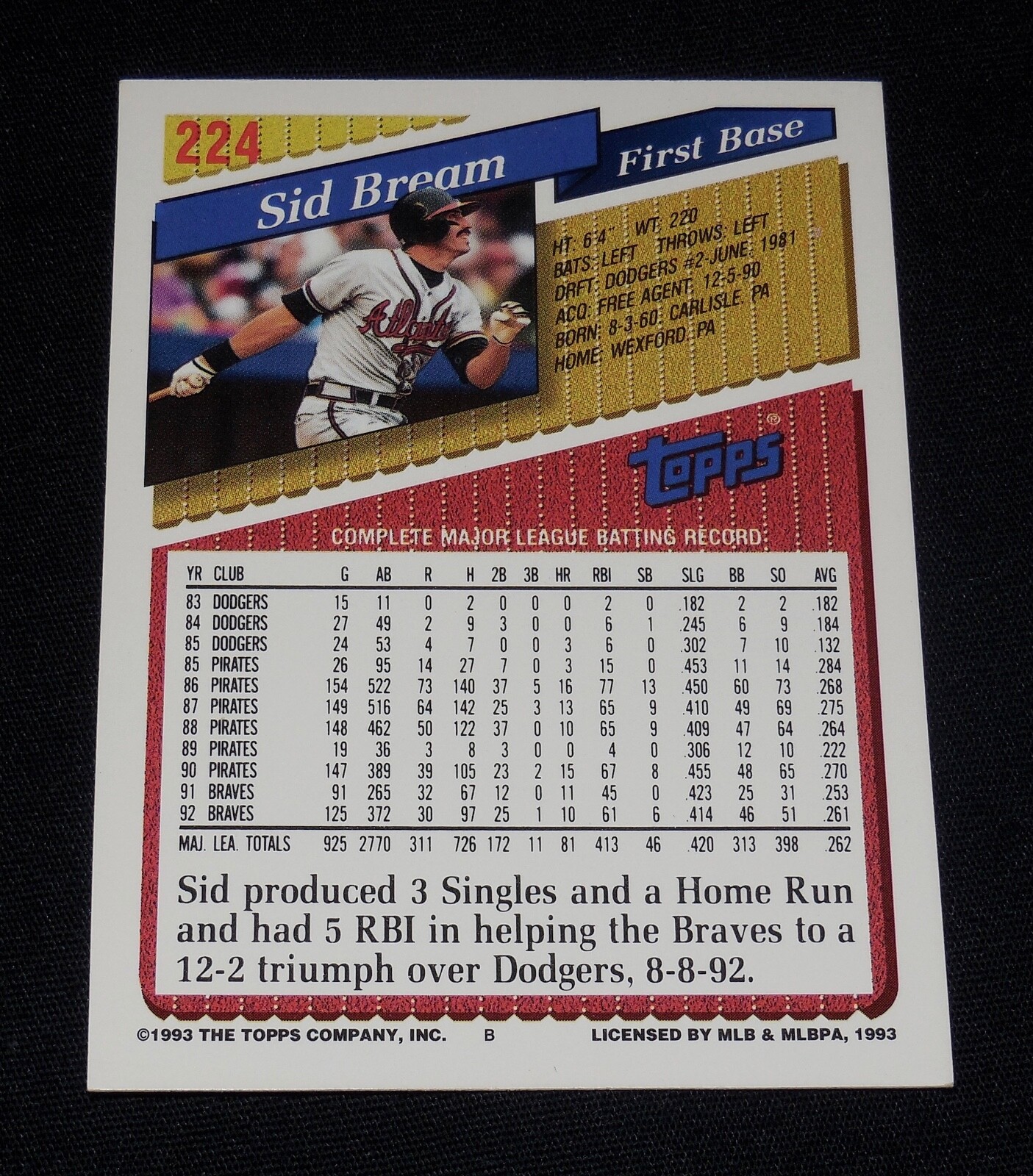 SID BREAM 1993 TOPPS AUTOGRAPHED BASEBALL CARD (ATLANTA BRAVES) | eBay