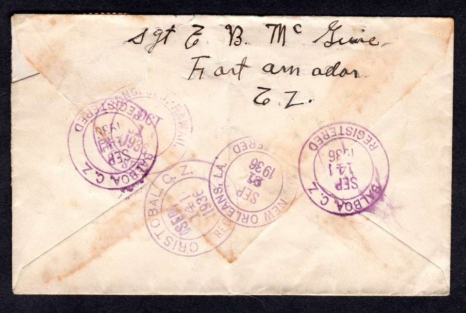 US 1936 ~ Pre-WWII ~ Registered Canal Zone to Ft. Ruger, Hawaii ...