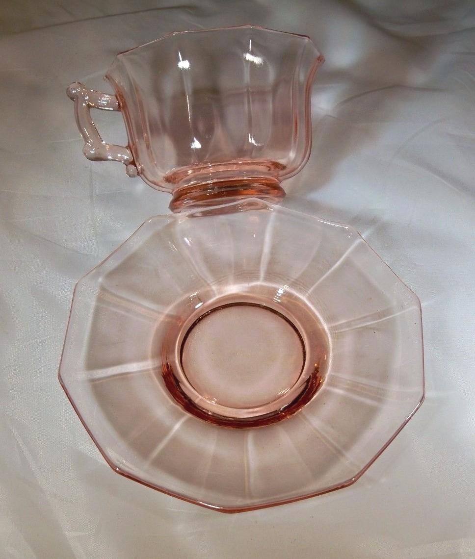CAMBRIDGE GLASS CO. DECAGON PEACH BLO PINK #865 FOOTED CUP & SAUCER SET ...