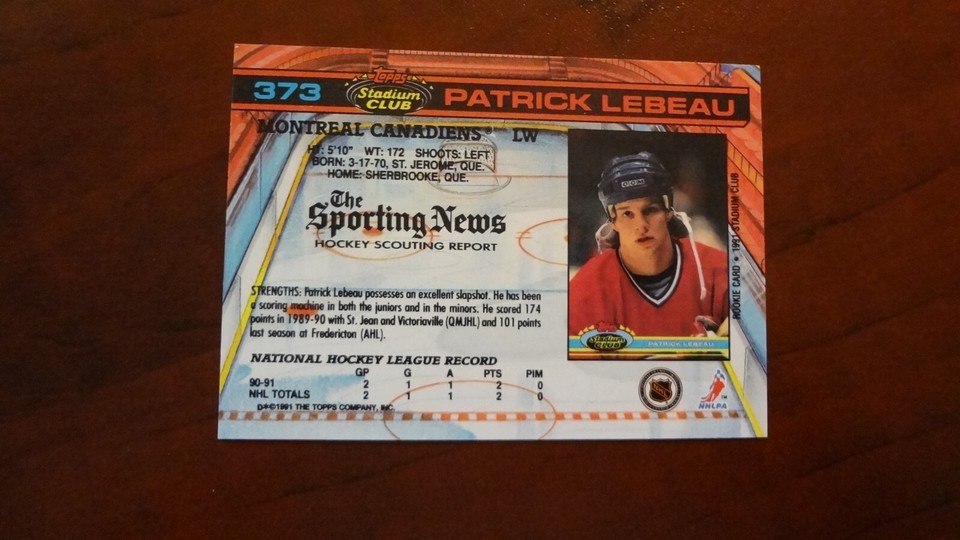 1991-92 TOPPS STADIUM CLUB # 373 PATRICK LEBEAU HOCKEY CARD | eBay