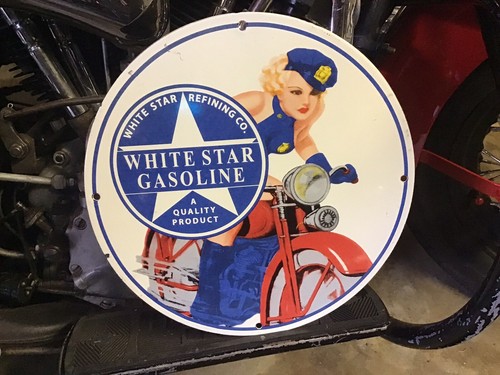 VINTAGE PORCELAIN WHITE STAR GASOLINE SIGN FEATURING A PIN UP GIRL ...