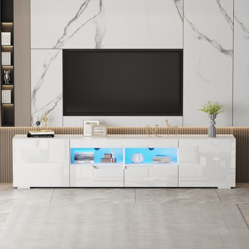 200cm High Gloss TV Unit Cabinet Stand White Storage with LED Lights ...