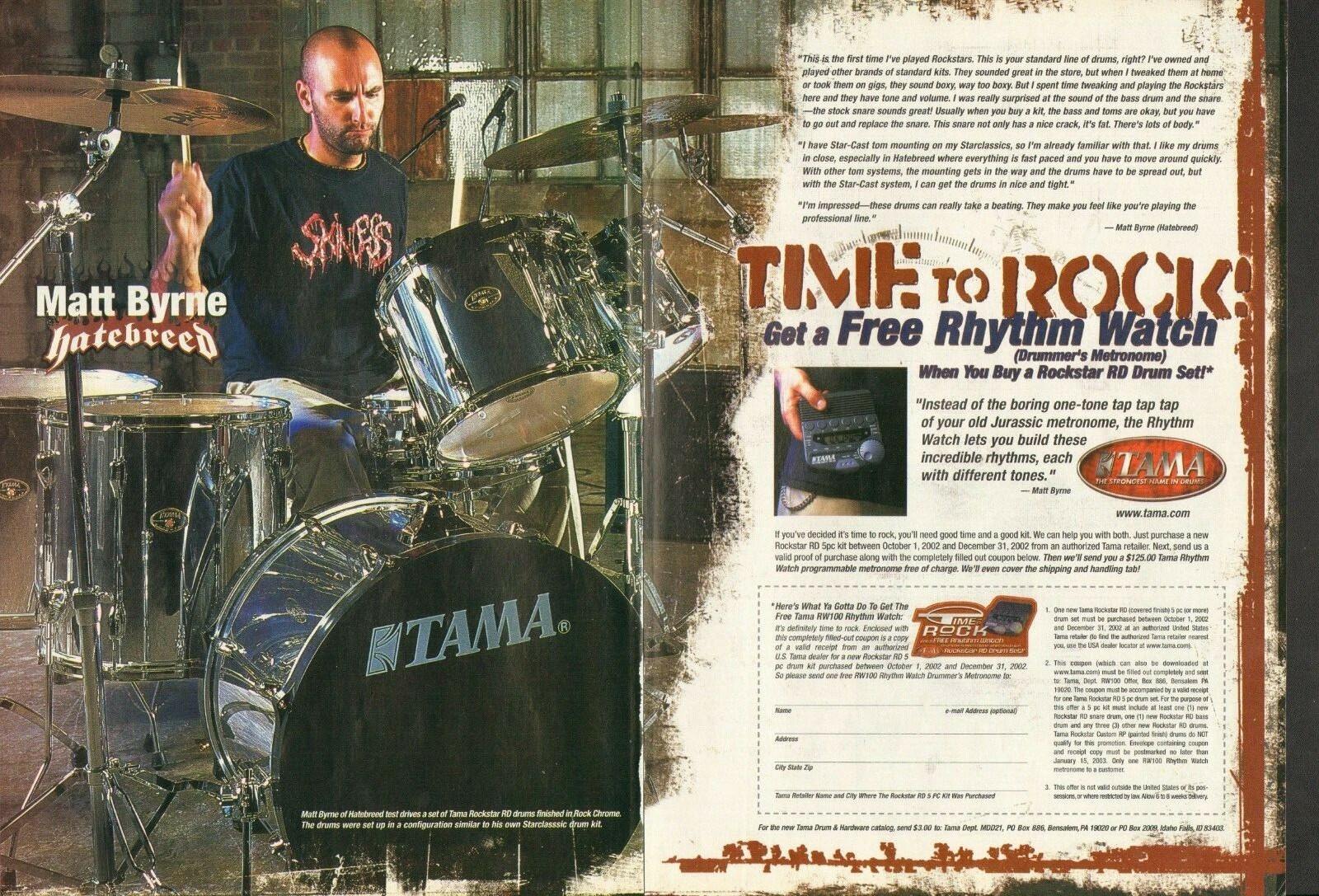 2002 2pg Print Ad of Tama Rockstar RD Drum Kit w Matt Byrne of ...