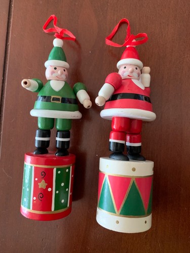 Lot of 2 Wooden Figures Push Button Collapsing Puppet Christmas Toy ...