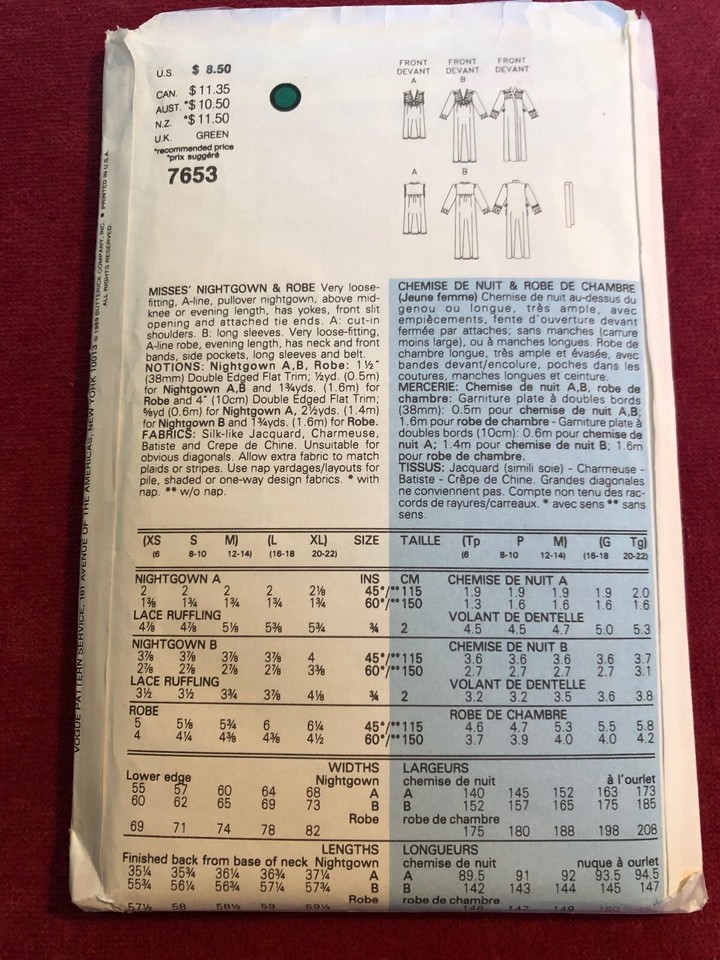 🌹VOGUE #7653 - LADIES COUTURE LINGERIE - NIGHTGOWN & ROBE PATTERN XS ...