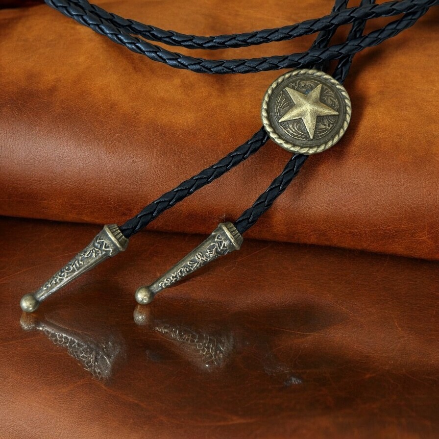 Texas Star Bolo Tie Western Cowboy Rodeo Necklace Black Braided Leather ...