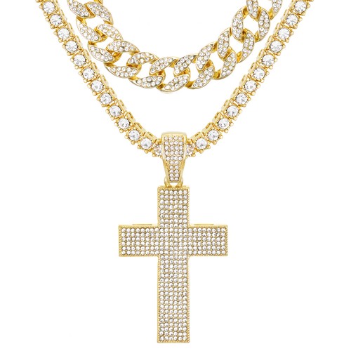 Rapper Cross Pendant with Tennis and Stone Cuban Chain Necklace TCMP ...
