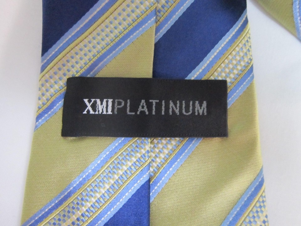 New XMI Platinum Neck Tie Blue Gold Shiny Stripe Silk 3.5" x 58" | eBay