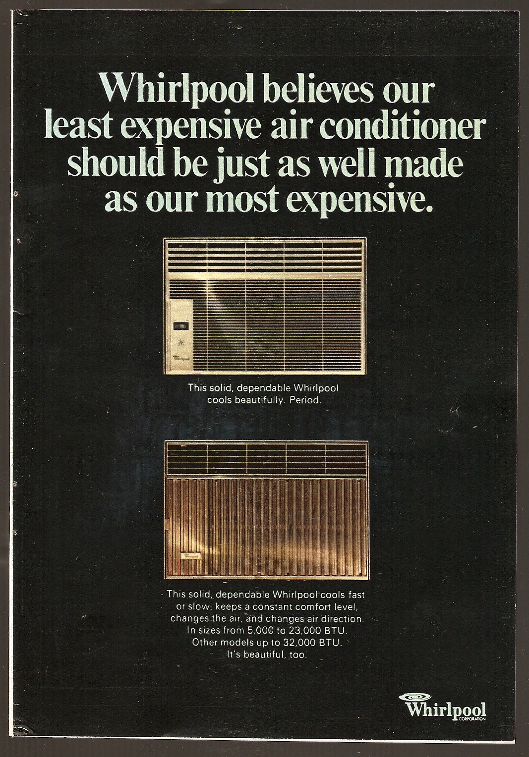 1973 WHIRLPOOL APPLIANCE PRINT AD~AIR CONDITIONER~THE LEAST EXPENSIVE ...
