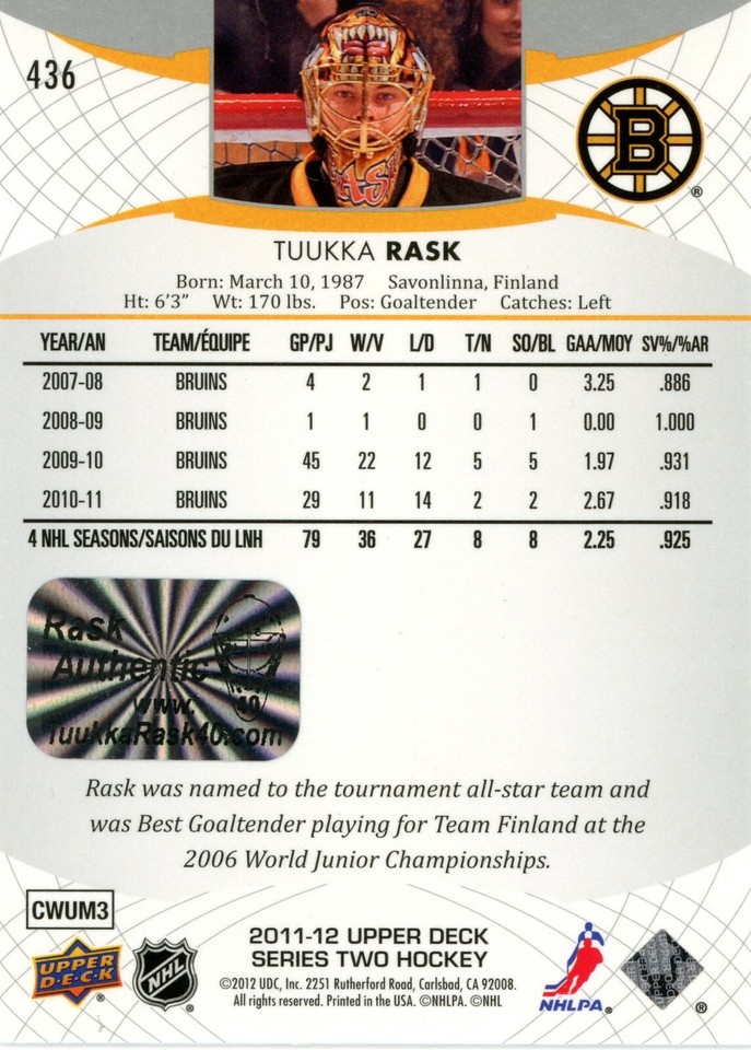 Tuukka Rask Boston Bruins Signed Autographed 2011-12 UD Series 2 #436 ...