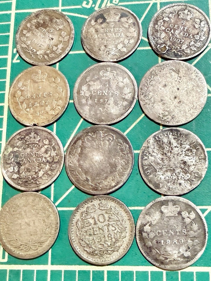 12 Canadian .925 Silver Coins Lot • 2 Dimes & 10 Five Cents • ~0.4842 ...