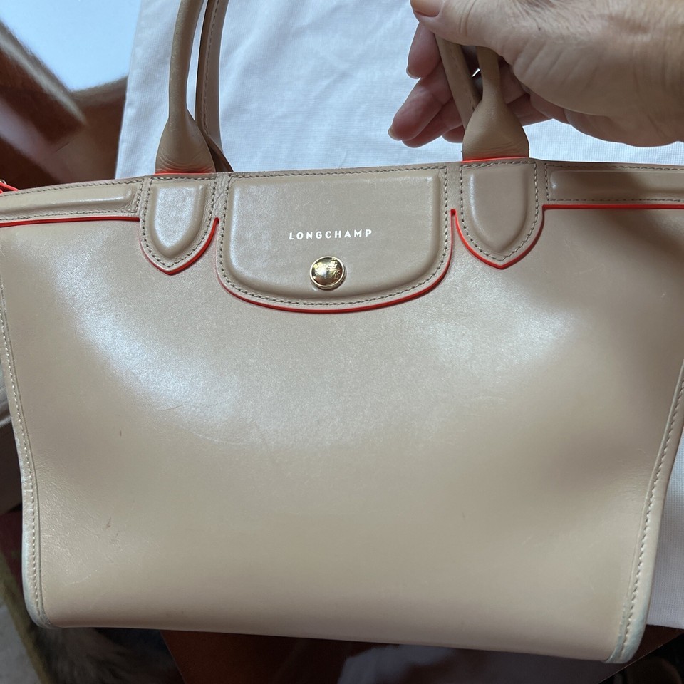 Longchamp Paris Premier Medium Tote Bag Beige Leather Satchel France | eBay
