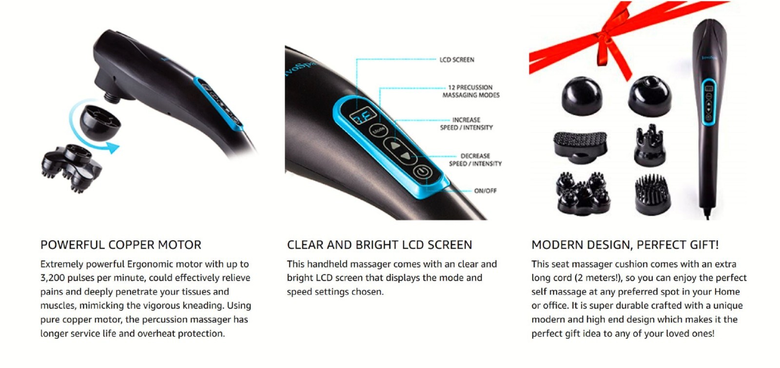 InvoSpa HHMG-8799 Handheld Deep Tissue Massager 6 Interchangeable Nodes ...