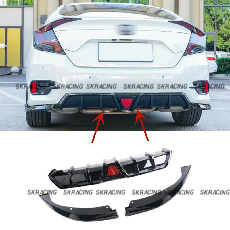 Glossy Black Rear Bumper Diffuser Lip +LED For 2016-2021 Honda Civic ...