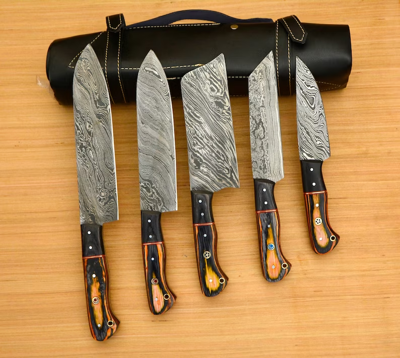 Hand Forged Damascus Steel Chef set | Kitchen Knives Set | With Leather ...