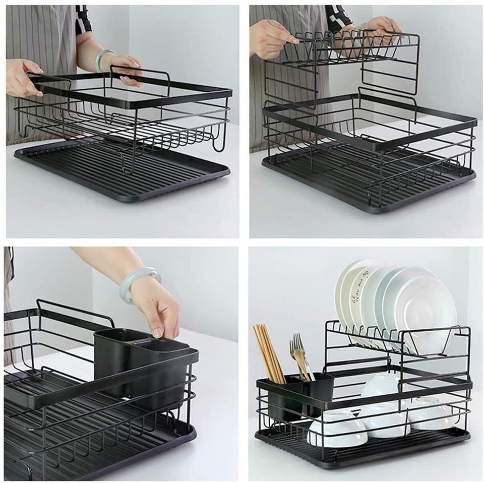 2 Tier Dish Drainer Kitchen Sink with Drip Tray Cutlery Holder Plate ...