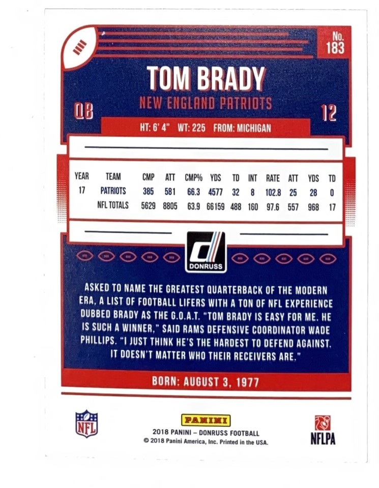 Tom Brady 2018 Donruss #183 Patriots FHOF MINT Grade It | eBay
