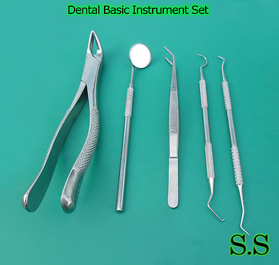 5 Dental Basic Instruments Set Mirror, Plier, Explorer, Extracting ...