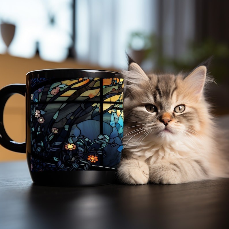 Black Cat Coffee Mug – Stained Glass Sunset Art, Unique Gift for Cat ...