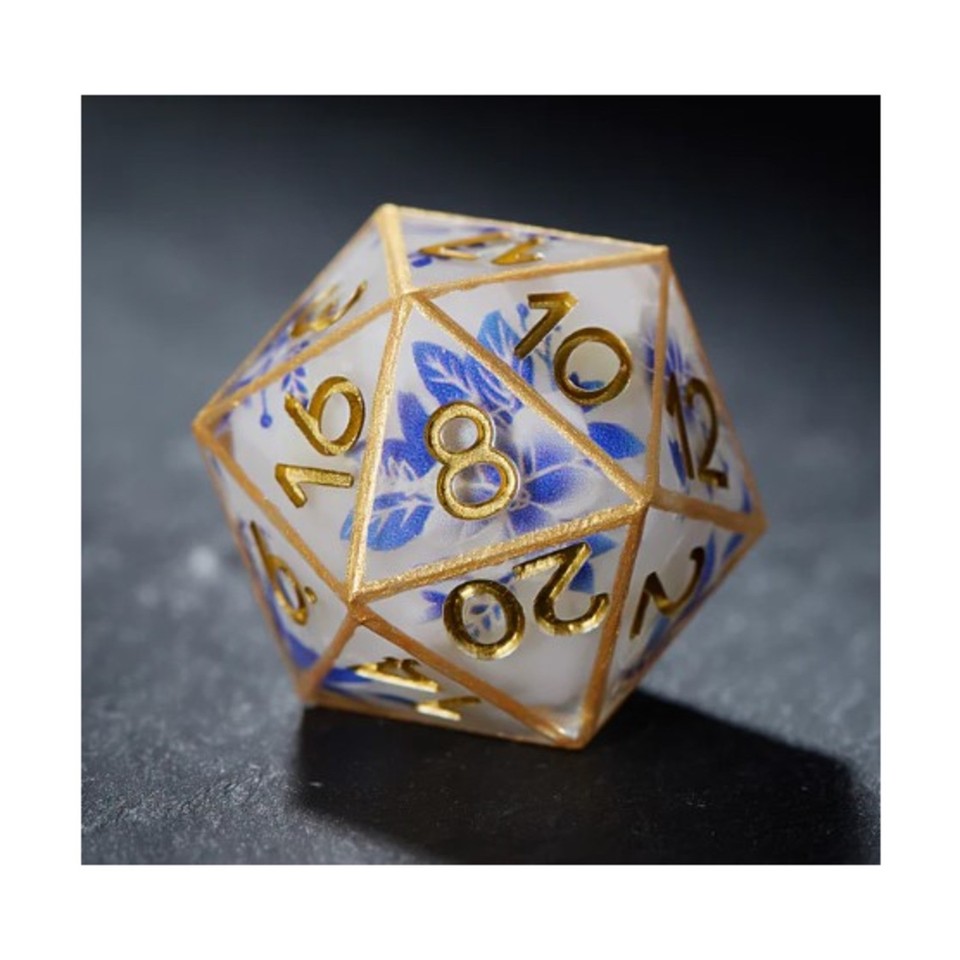 Crystal Maggie Dice Poly Set - Gold Edged Blue Flower w/Black (7) New ...